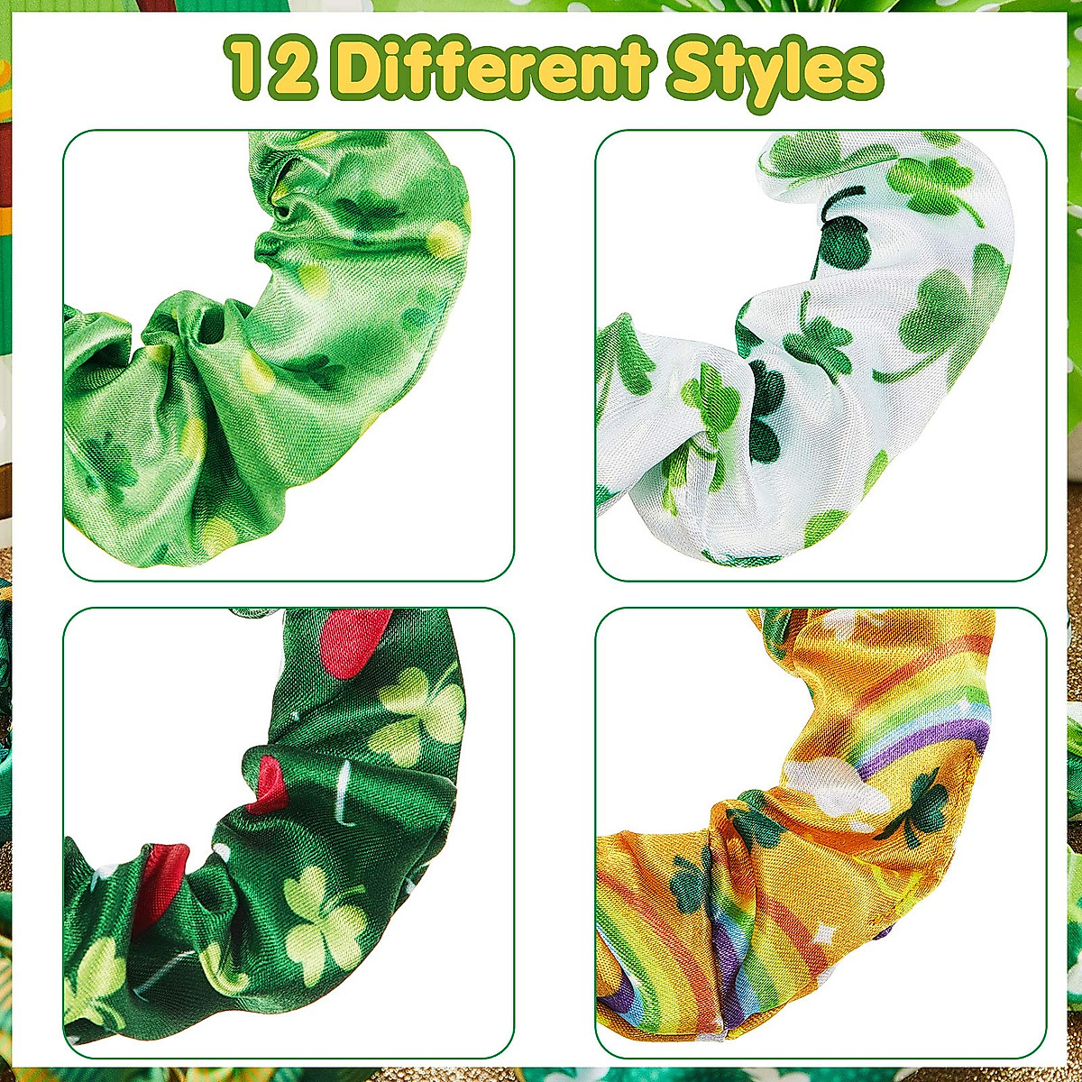 24 Pieces St. Patrick's Day Scrunchies Hair Ties Shamrock Hair Scrunchies Hat Rainbow Hair Scrunchy Elastic Hair Band Hair Rope for St. Patrick's Day Decoration Women Girls, 12 Styles
