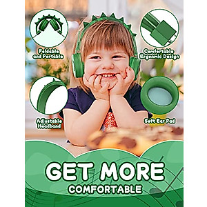 SIMJAR Kids Bluetooth Headphones with Microphone for School, Dinosaur Over-Ear Kids Wireless Headphones with Volume Limiter 94dB, Foldable Adjustable Headband for iPad/Airplane/Travel/Tablet (Green)