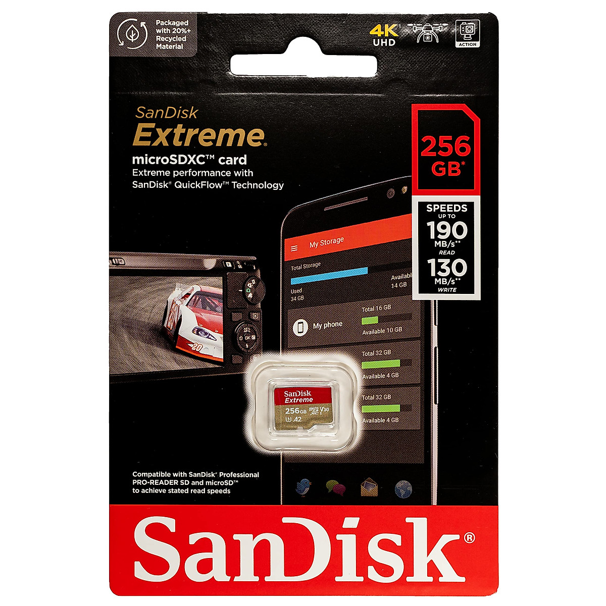 SanDisk Extreme 256GB MicroSD Card for Mavic Mini 2 DJI Drone Flycam - Class 10 4K UHD U3 A2 V30 SDXC (SDSQXAV-256G-GN6MN) Bundle with (1) Everything But Stromboli MicroSDXC Memory Card Reader