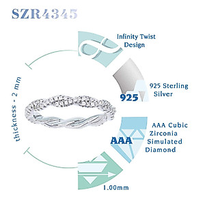 Decadence Sterling Silver Infinity Twist Weave Eternity Band Stack Ring for Women | Round Pave Eternity Rings for Women | Simulated AAA Stackable Cubic Zirconia Stones | Sizes 6 7 8 9