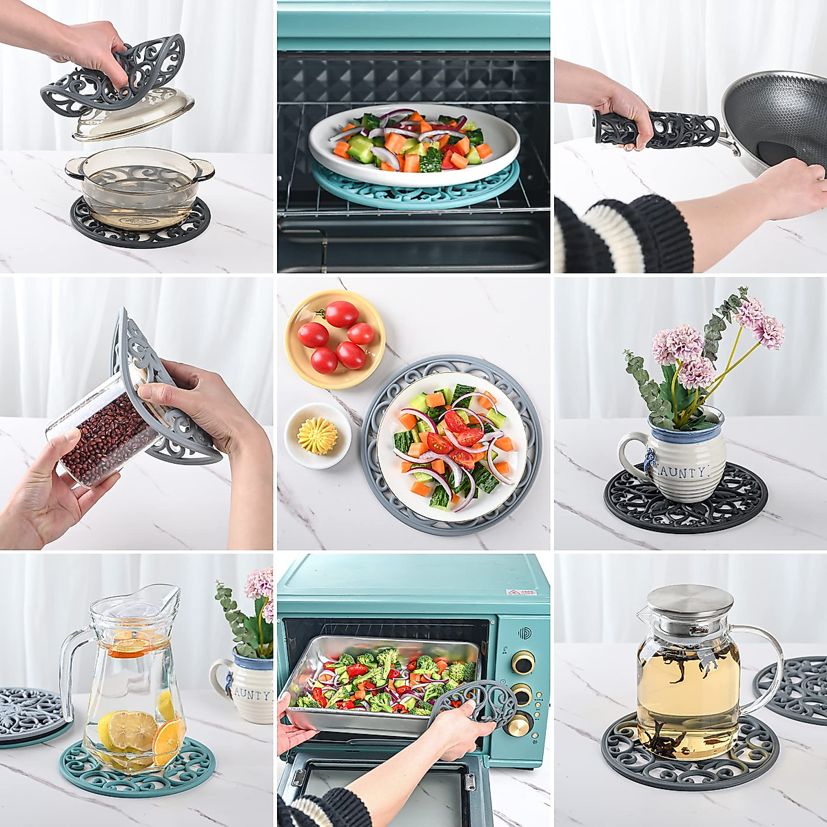 Viwehots Silicone Trivets Mats for Hot Pots and Pans, Multi-Use Intricately Carved Hot Pads and Mats, Flexible Modern Kitchen Table Mat, Heat Resistant Round Big Coaster Set of 3 Mixing Color