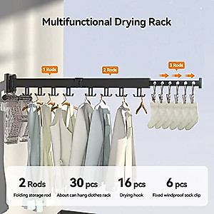 BAICIWE Wall Mounted Clothes Drying Rack, Retractable Laundry Drying Rack, Clothes Drying Rack Folding Indoor, Space Saver, Drying Rack Clothing for Balcony, Laundry, Bathroom, Patio(Bi-Fold)