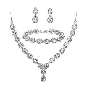 BriLove Wedding Bridal CZ Necklace Bracelet Earrings Jewelry Set for Women Teardrop Infinity Figure 8 Y-Necklace Tennis Bracelet Dangle Earrings Set Clear Silver-Tone April Birthstone