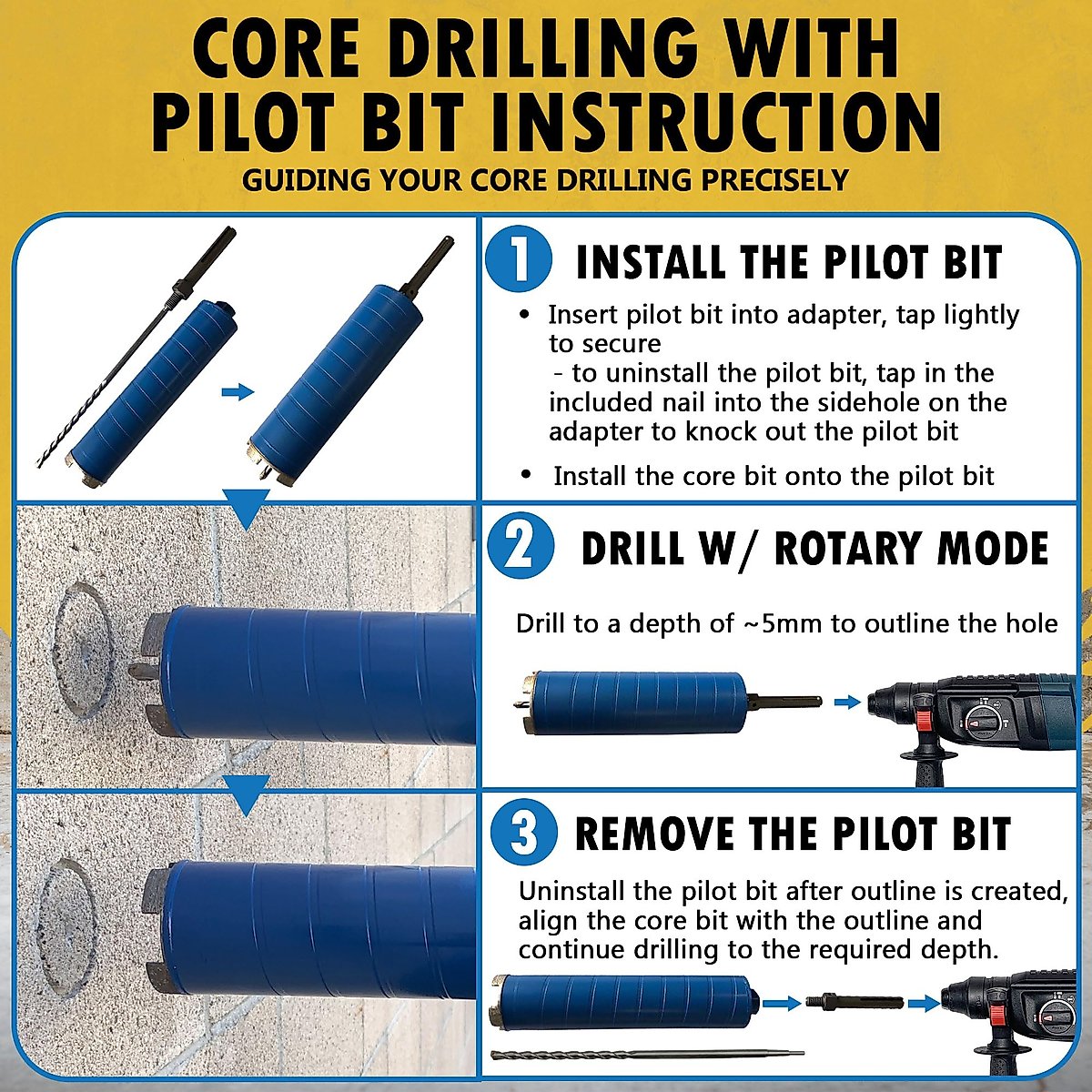 2-1/2" Dry Diamond Core Drill Bits for Brick and Block, 9.5" Drilling Depth, 10mm Segment Height, SDS Max Pilot Bit Adapter