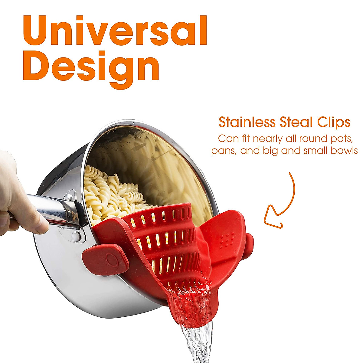 Cheer Collection Silicone Clip on Pot Strainer, Heat-resistant Snap-On Strainer for Pasta, Noodles, Rice, Meats and Vegetables, Red