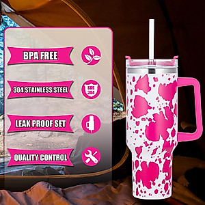Xereizo 40 oz Tumbler with Handle and Straw, Leak Proof Stainless Steel Insulated Travel Coffee Tumbler Cups Lid and Straw, Iced for 40 Hours Cupholder Friendly Water Bottle Mug, Cow Stripe Rose Red