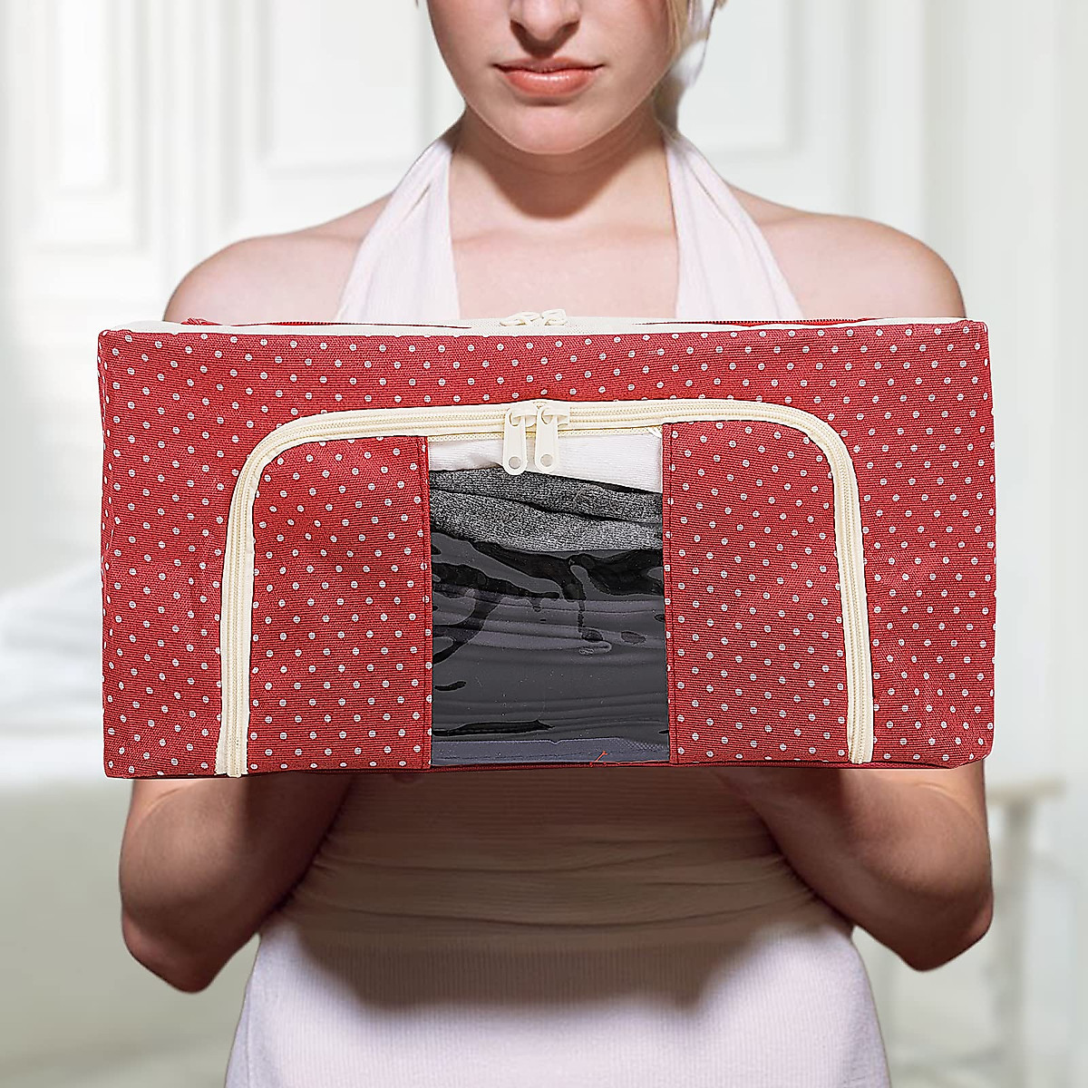 F.P.L Foldable Storage Bin Box Stackable Oxford Cloth Steel Frame Storage Bag Clothing Storage Containers Organizer for Clothes Beddings Towels(24L) (Red-2)