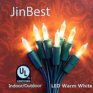 JinBest 100 LED Warm White Green Wire String Lights, UL Certified and Commercial Mini Light Set, for Indoor Outdoor Party, Patio, Trees.