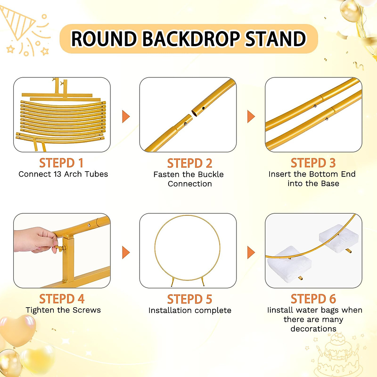 7.2FT Round Backdrop Stand Gold Circle Backdrop Stand Balloon Arch Frame for Wedding Baby Shower Birthday Christmas Party Decoration