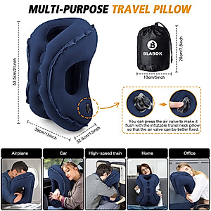 Inflatable Travel Pillow,Multifunction Travel Neck Pillow for Airplane to Avoid Neck and Shoulder Pain,Support Head,Neck,Used for Sleeping Rest, Airplane and Home Use,with Eye Mask, Earplugs,Blue