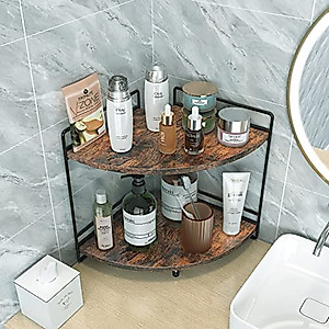 SANRETAHO 2 Tier Corner Shelf, Bathroom Organizer Countertop, Wooden Bathroom Trays for Counter Vanity Organizer, Makeup Cosmetic Storage Shelf, Kitchen Spice Rack, Rustic Brown