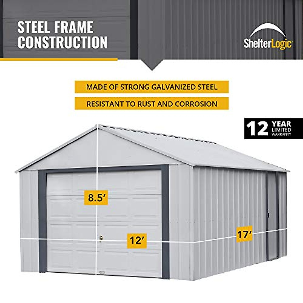 Arrow Shed 12' x 17' Murryhill Garage Galvanized Steel Extra Tall Walls Prefabricated Shed Storage Building, 12' x 17', Flute Gray