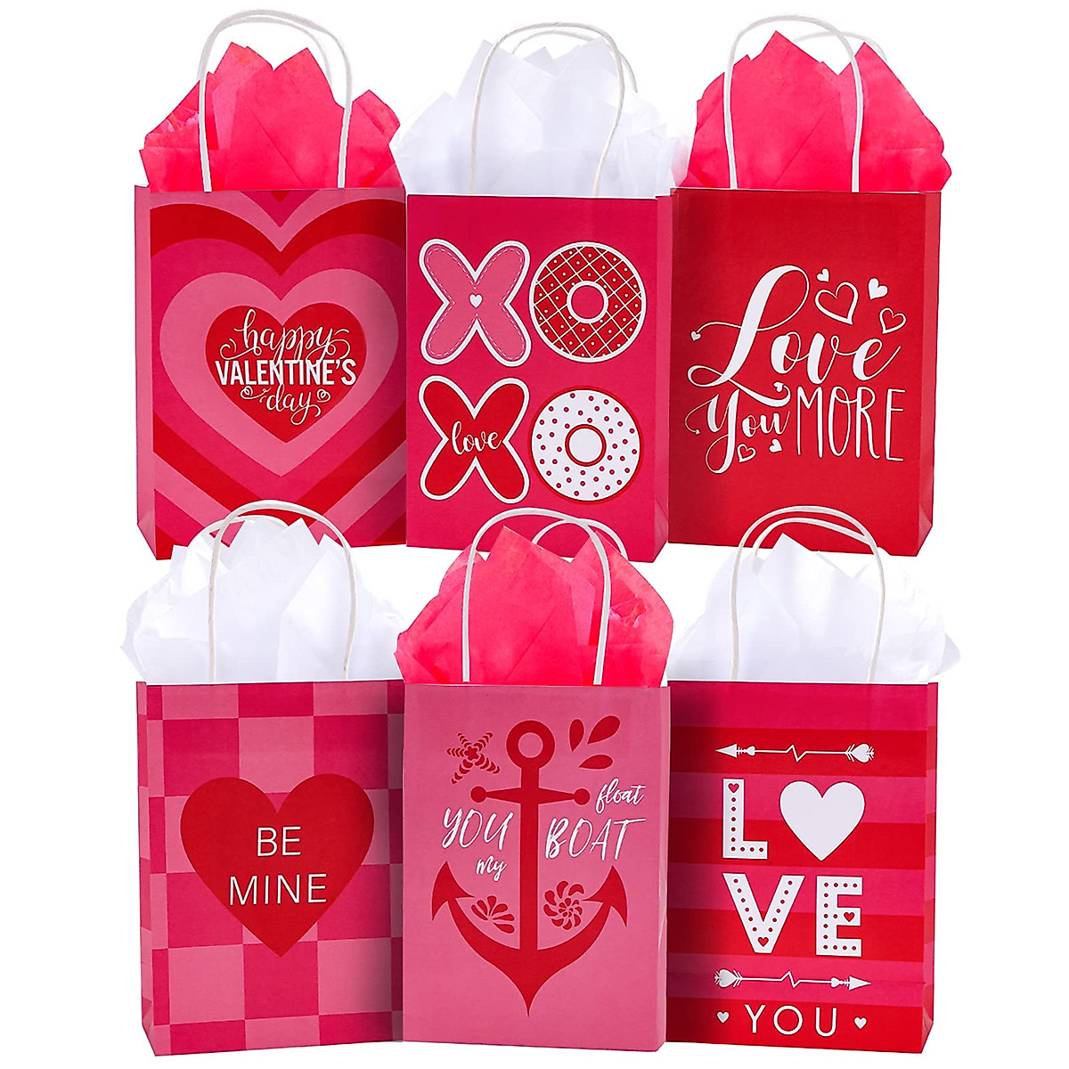 ECOptimize Gift Bag with Tissue Paper for Valentine's Day - 24 PCS Small Size(5.9"x3"x8") - Eco-Friendly Kraft White Paper Bag with Handle for Retail, Gift, Shopping & Party Favors(Pink, Red, Heart) - Double Side Pattern