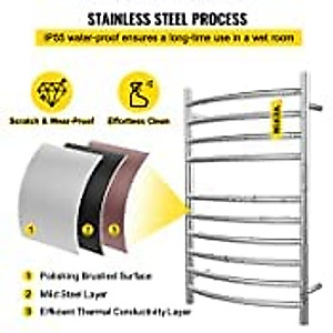 VEVOR Heated Towel Rack, 10-Bar Curved Design, Wall-Mounted Electric Towel Drying Rack with Built-in Timer, Polishing Brushed Stainless Steel for Bath, Plug-in/Hardwired, UL Certified, Silver