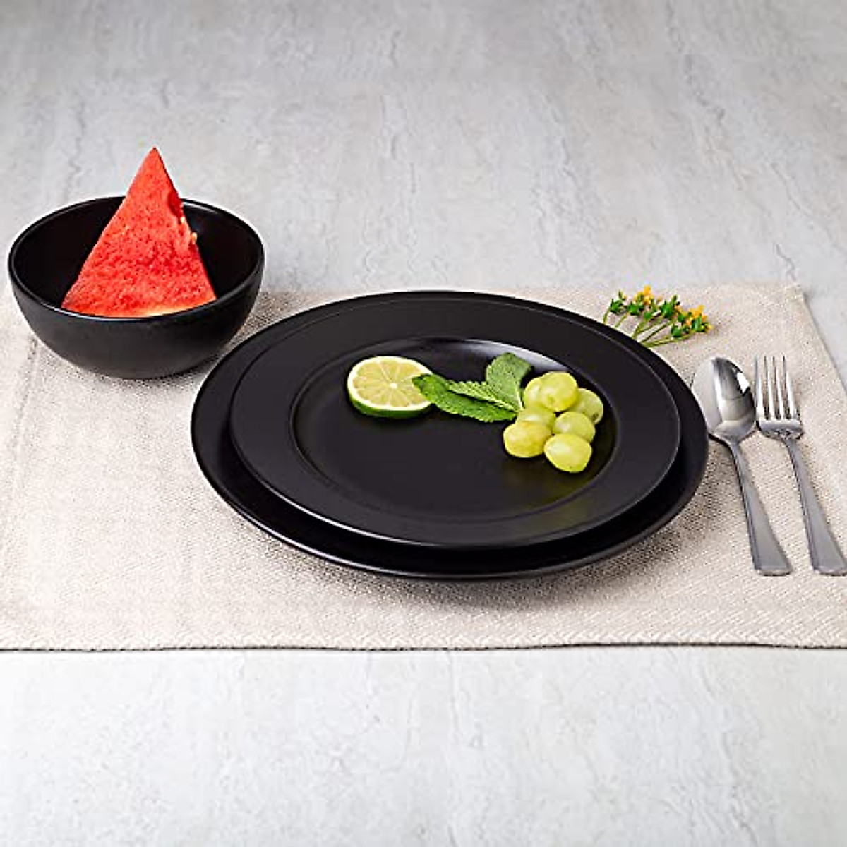 12 Piece Dinnerware Set By Glavers Service For 4, Round Black Matte Dishes – High-End Portuguese Quality Stoneware Set – Includes 4 Dinner Plates 4 Salad Plates, And 4 Bowls Dishwasher Microwave safe.