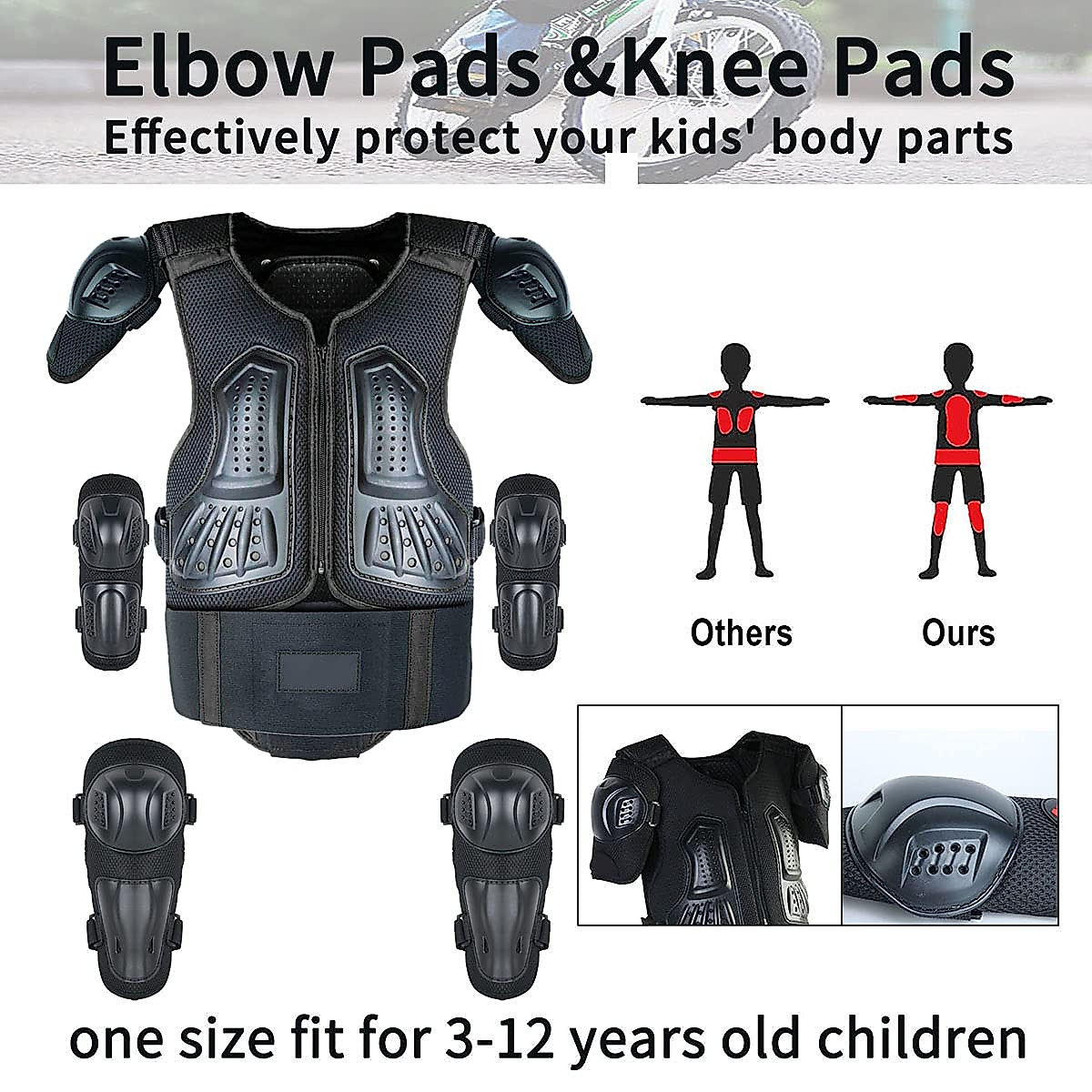 Kids Dirt Bike Full Body Chest Spine Protector Armor Vest Gear with Knee and Elbow for Bicycles, Motorcycle, Motocross , Skiing, Skating,Skateboards (Black, X-Small)