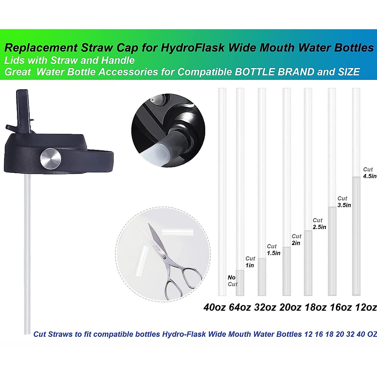FLORAPELL Straw Lid for Hydro Flask Wide Mouth Water Bottles, Top Lids with Straw Compatible with Hydro Flask 32 40 oz, Replacement Cap Wide Mouth Accessories Flip Lid Flex Handle (Black - 2 Pack)