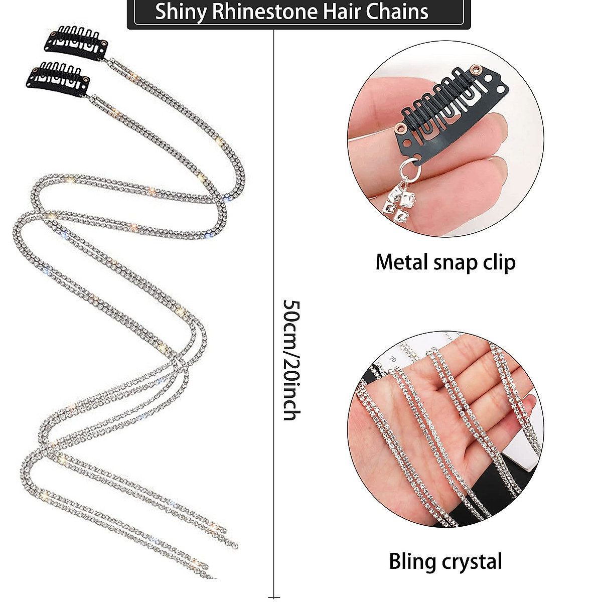 8 Pieces Long Rhinestone Hair Chains,Punk Tassel Hair Clips Bling Crystal Hair Extension 20 Inch Head Chain Silver Decorative Hair Clip Hairpin for Women and Girls Nightclub Party Daily Headwear