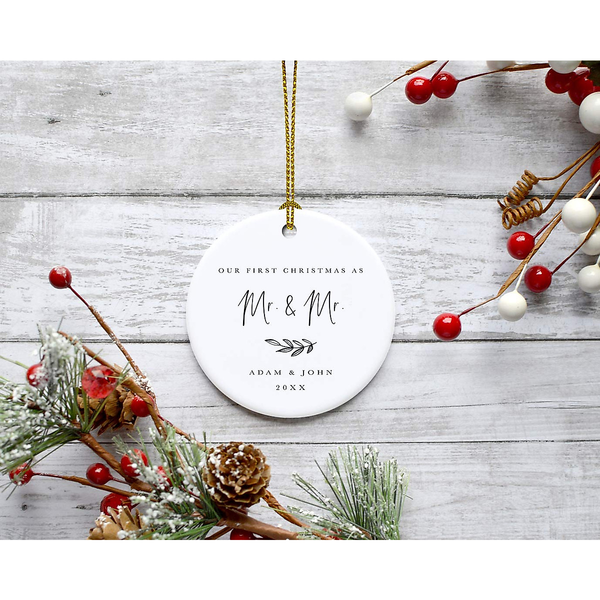 Andaz Press Personalized Gay Couple Wedding Round Ceramic Porcelain Tree Ornament Engagement Keepsake Gift, Our First Christmas As Mr. & Mr, 2024, Antique Handdrawn, 1-Pack Gay Christmas Ornaments