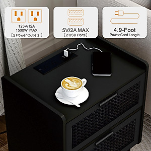 HHETOGOL Small Black Nightstand with Charging Station & 2 Rattan-Like Decor Drawers,Small End Table with Solid Wood Feet for Small Bedroom, Living Room, Natural, TTBZ02BKE