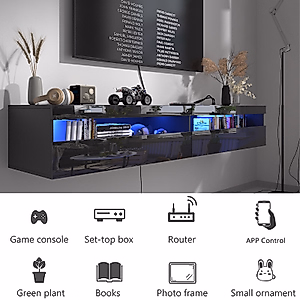 EXQUAL Modern Floating TV Stand, Black, 70.8''L x 16.3''W x 11.8''H, Wall Mounted TV Shelf with LED Lights & Power Outlet, 110 lbs Weight Capacity, for Living Room & Bedroom