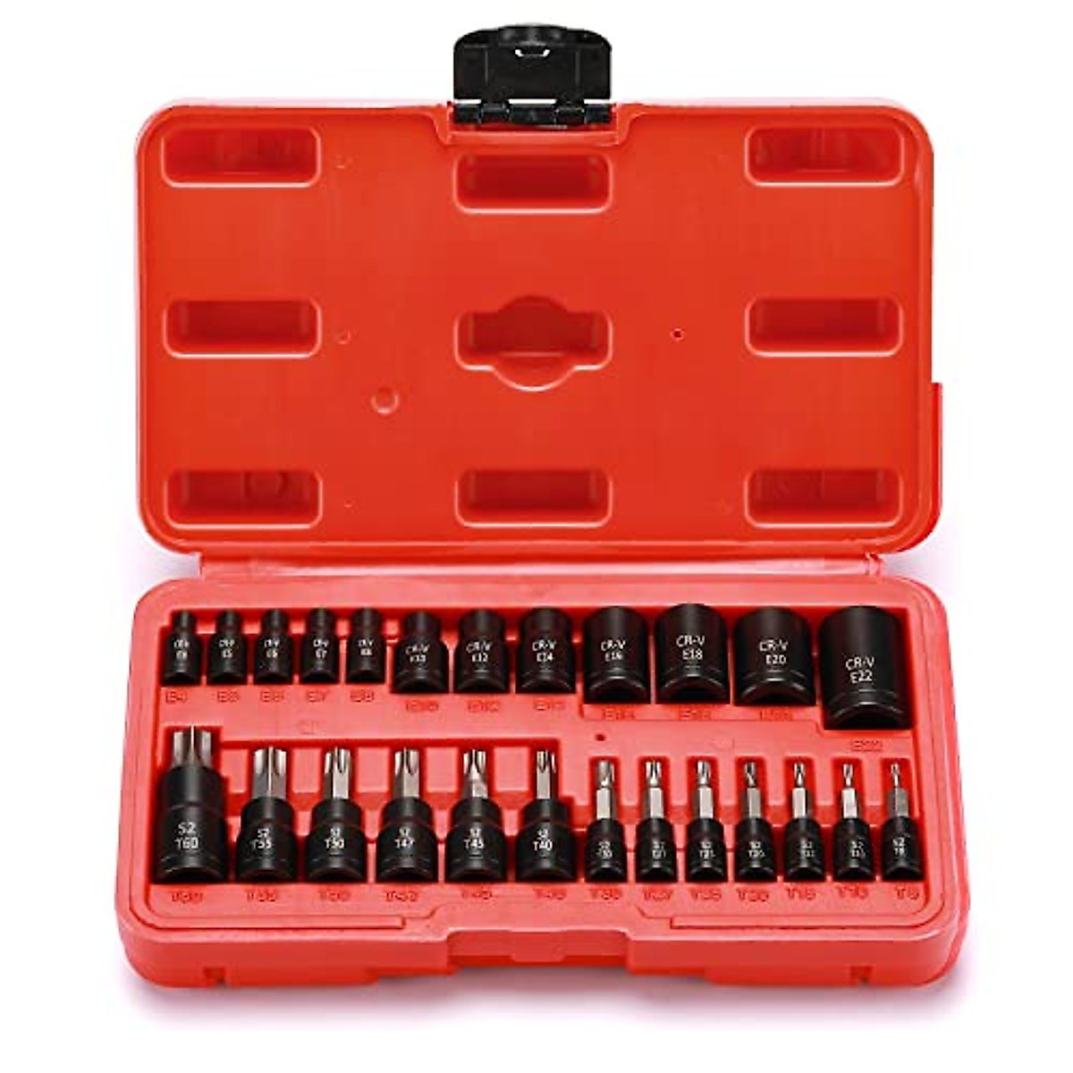 Mayouko 25PCS 1/4",3/8",1/2" Drive Torx Bit and External Socket Set,12 Female E-Torx Sockets and 13 Star Socket Bits