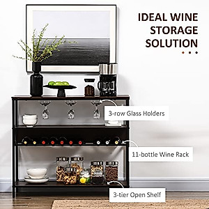 HOMCOM Industrial Wine Rack with 11-Bottles Holder, Free Standing Wine Shelf with Glass Holders for Home Bar, Kitchen, Dark Brown