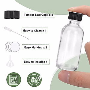 CUCUMI 8pcs Glass Bottles with Caps, 2oz Small Glass Juice Bottles, Shot Bottles with Caps, Small Glass Jars with Lids, Funnels, Waterproof Stickers and Brush