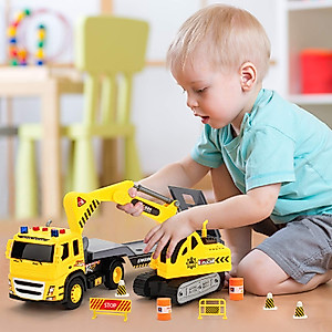 1:12 Scale Push and Go Excavator Flatbed Toy Truck for Kids - With Lights & Sounds