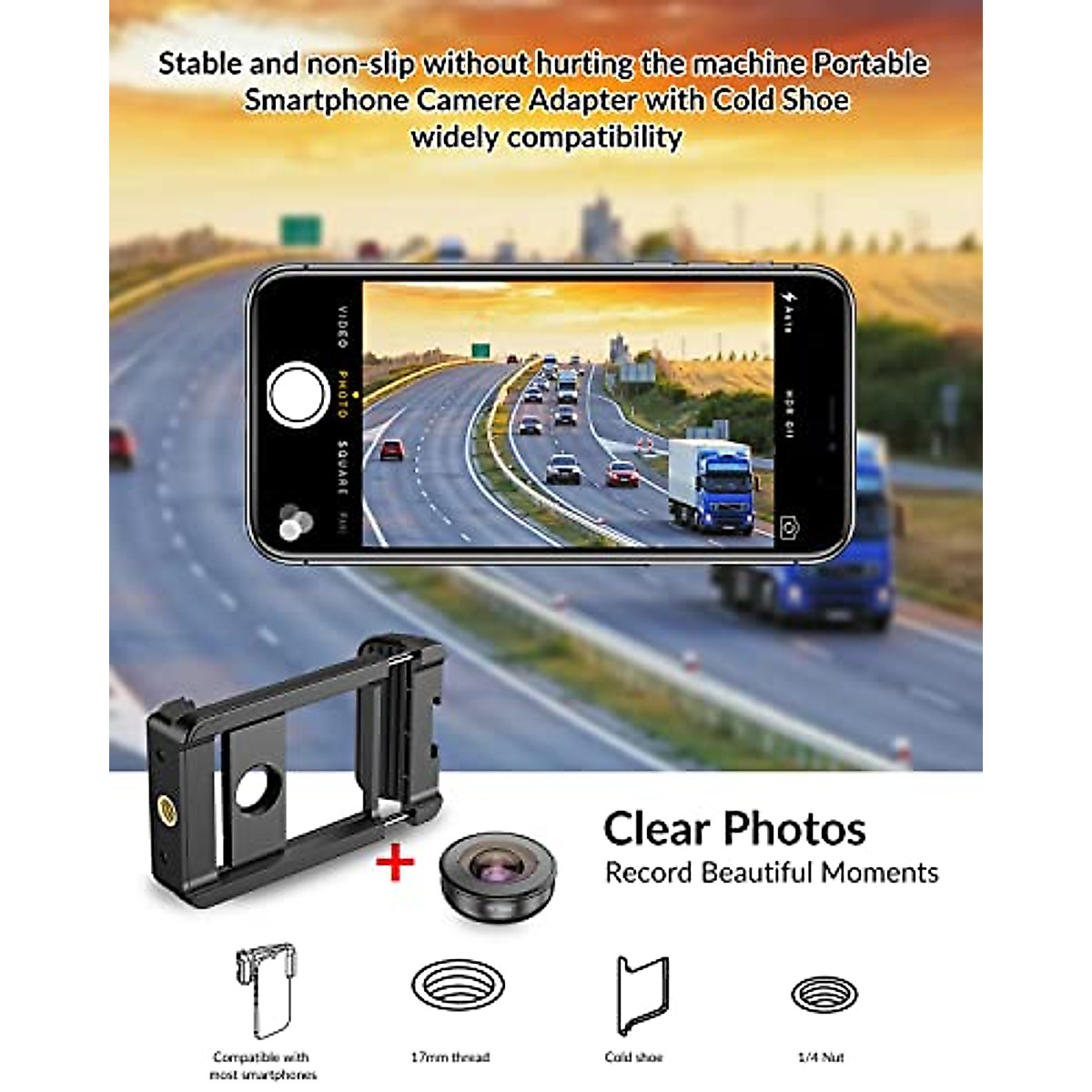 17 mm Thread Lens Adapter, Telephoto Lens Phone Mount Sturdy and Wear-Resistant, Lens Holder Suitable for All Lens&Telephoto Lens with 17mm Thread, Works with Almost All Smartphones