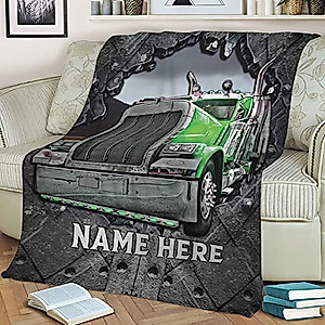 OhaPrints Custom Green Truck Crack Pattern Trucker Gift Personalized Name Soft Sherpa Throw Blankets Cozy Fuzzy Fleece Throws for Tv Sofa Couch Comfy Fluffy Blanket 30X40 50X60 60X80