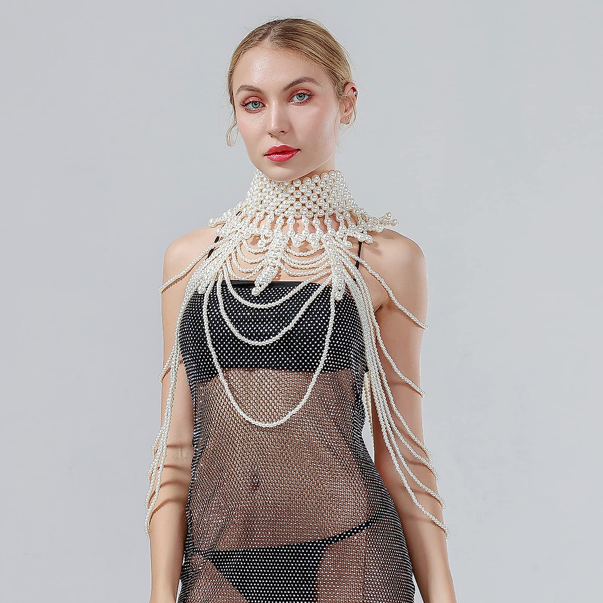 CCbodily Pearl Body Chain Bra - Fashion Shoulder Necklaces Bra Chain Body Jewelry(E-WHITE)