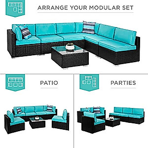 Best Choice Products 7-Piece Modular Outdoor Sectional Wicker Patio Furniture Conversation Sofa Set w/ 6 Chairs, 2 Pillows, Seat Clips, Coffee Table, Cover Included - Black/Teal