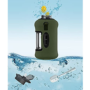 YOUCAN PLATO 64 oz Half Gallon Water Bottle with Sleeve-Large Water Bottle -Big Gym Water Bottle with Straw- Gallon Water Jug with Handle and Bottle Brush-BPA Free-2 Liter workout bottle, Army Green