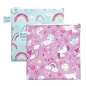 Bumkins Sandwich Bag / Snack Bag, Reusable Fabric, Washable, Food Safe, BPA Free, 7x7 - Rainbows & Unicorns (2-Pack)