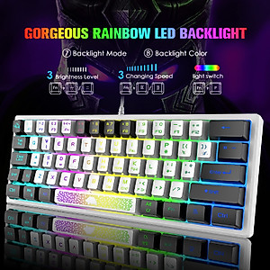 ZIYOU LANG K61 60% Wired Gaming Keyboard RGB Backlit Membrane Keyboard Mechanical Feel Ultra-Compact Mini Waterproof Keyboard for PC Computer Gamer (White Black)
