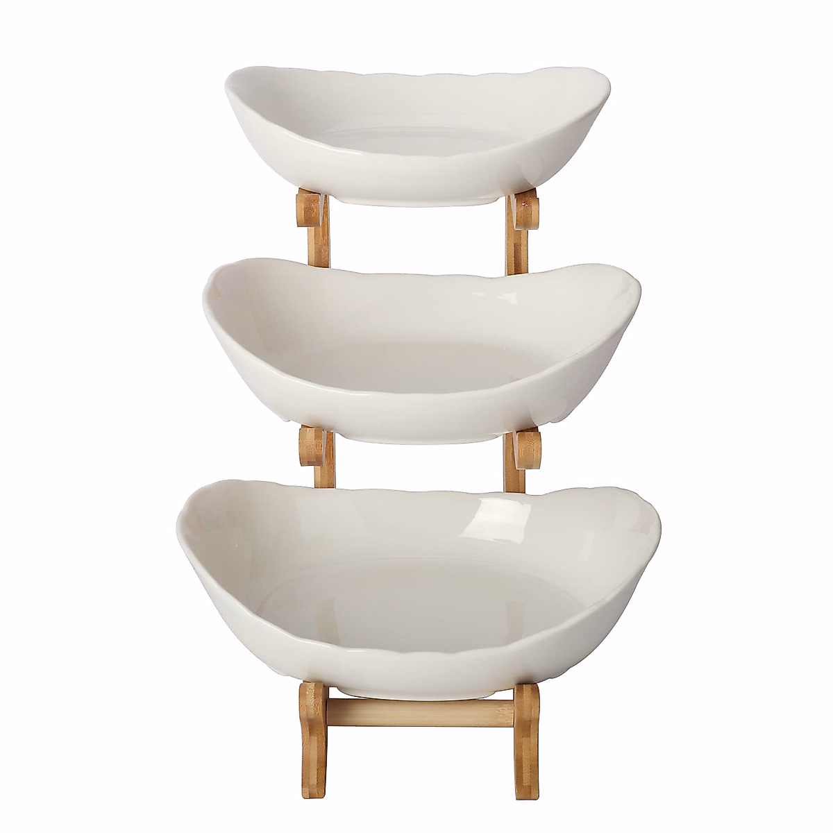 AIWFL 3 Tier Fruit Basket White Fruit Bowl with Bamboo Holder Fruit Ceramic Serving Tray Dessert Serving Stand for Candy Fruits Snacks Nuts Storage Holder