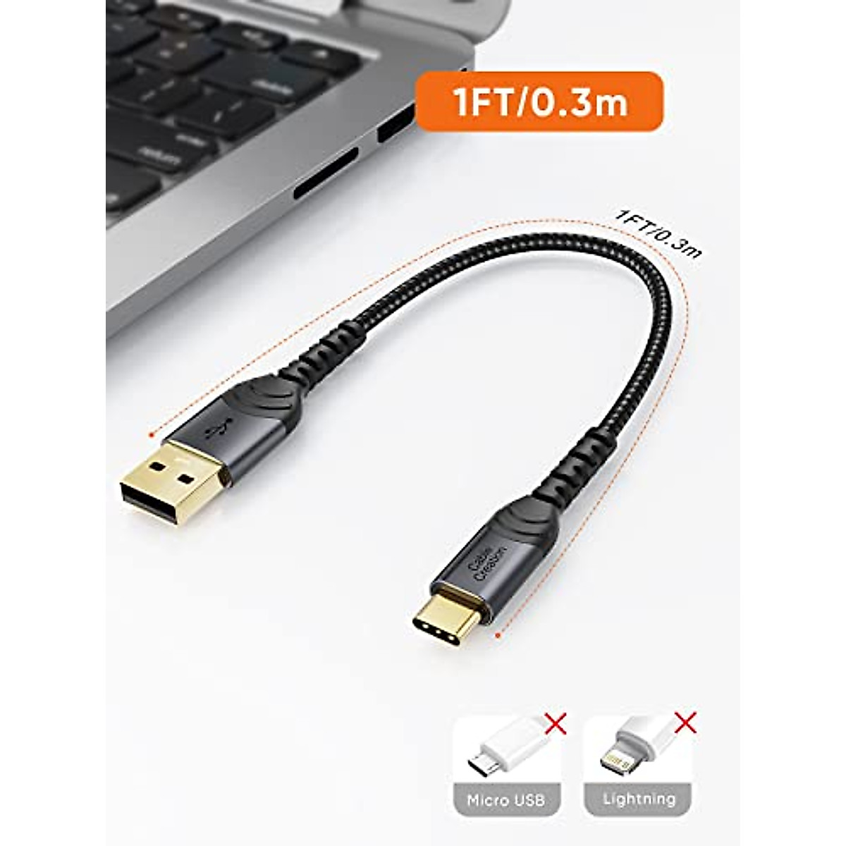 CableCreation Short USB C Cable 3A Fast Charging 2 Pack 1FT, USB-A to USB-C Charge Double-Braided Exterior Compatible with iPad Mini Galaxy S21 S20 S10 S9 Note 10 9 PS5 Controller, USB C Cord Gray