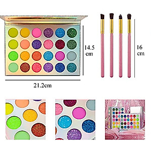 Kalolary Glow in the Dark Makeup, Neon Eyeshadow Glow Palette UV Glow Blacklight Matte and Glitter, 24 Colors Highly Pigmented Eyeshadow Kit with 4 Brushes for Valentine's Day Face Body Makeup