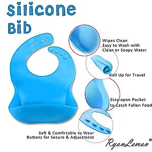 RyanLemon 8Pcs Silicone Baby Feeding Set - Baby Led Weaning Supplies - Baby Mash and Serve Bowls with Suction, Silicone Bib & Heat Senstive Feeding Spoons, Blue