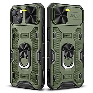 Caka for iPhone 13 Case, iPhone 14 Case with Camera Cover & Kickstand, Built-in 360°Rotate Ring Stand with Camera Lens Protection Magnetic Magnet Protective Phone Case for iPhone 13 iPhone 14-Green