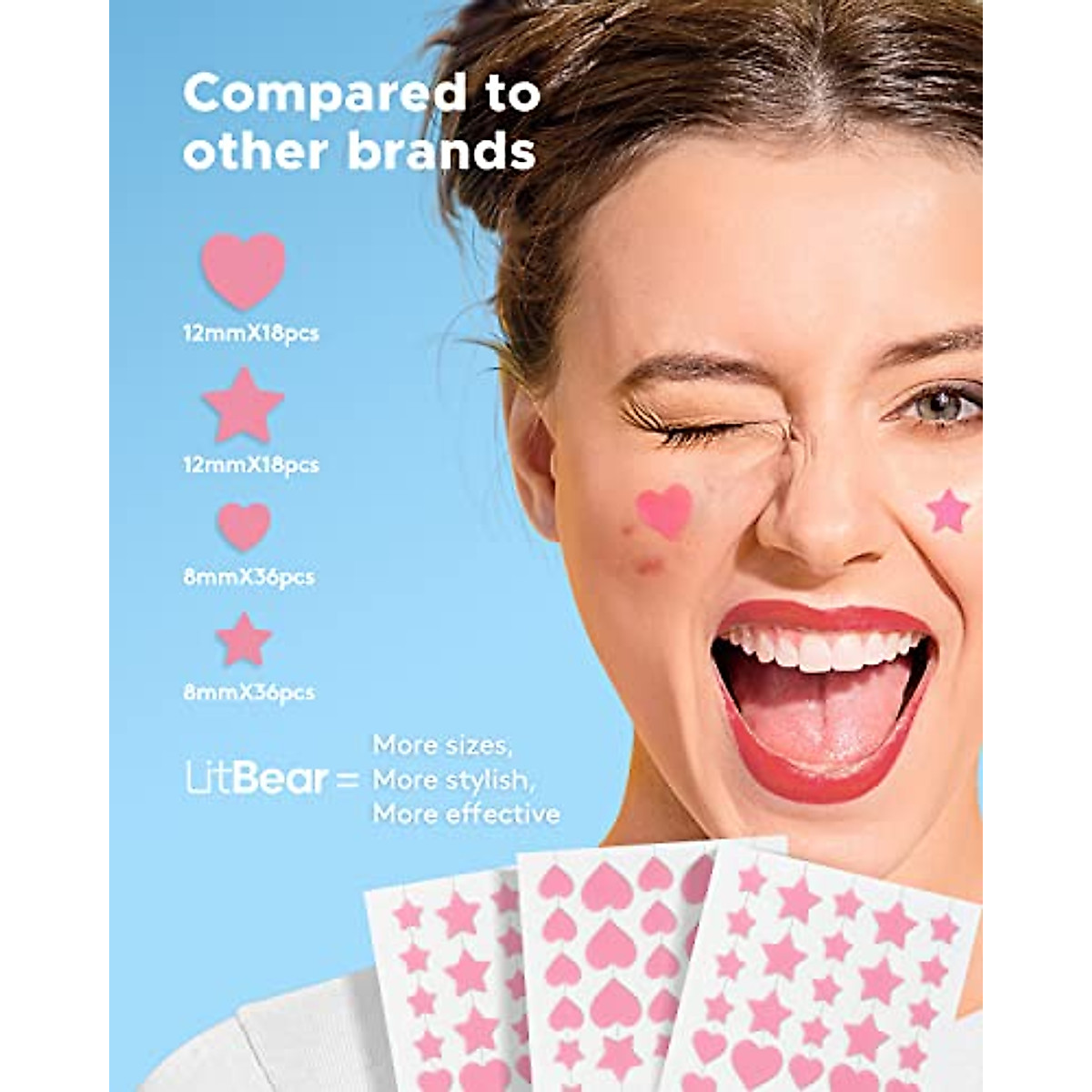 LitBear Acne Patch Pimple Patch, Pink Heart & Star Shaped Acne Absorbing Cover Patch, Hydrocolloid Acne Patches For Face Zit Patch Acne Dots, Tea Tree Oil + Centella (108 Count (Pack of 1))