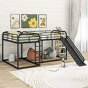 L-Shaped Bunk Bed Full Twin Size with Slide Short Ladder Safety Rail Premium Steel Slat Support Kids' Bedroom Furniture Black Modern Contemporary Sports Metal Finish