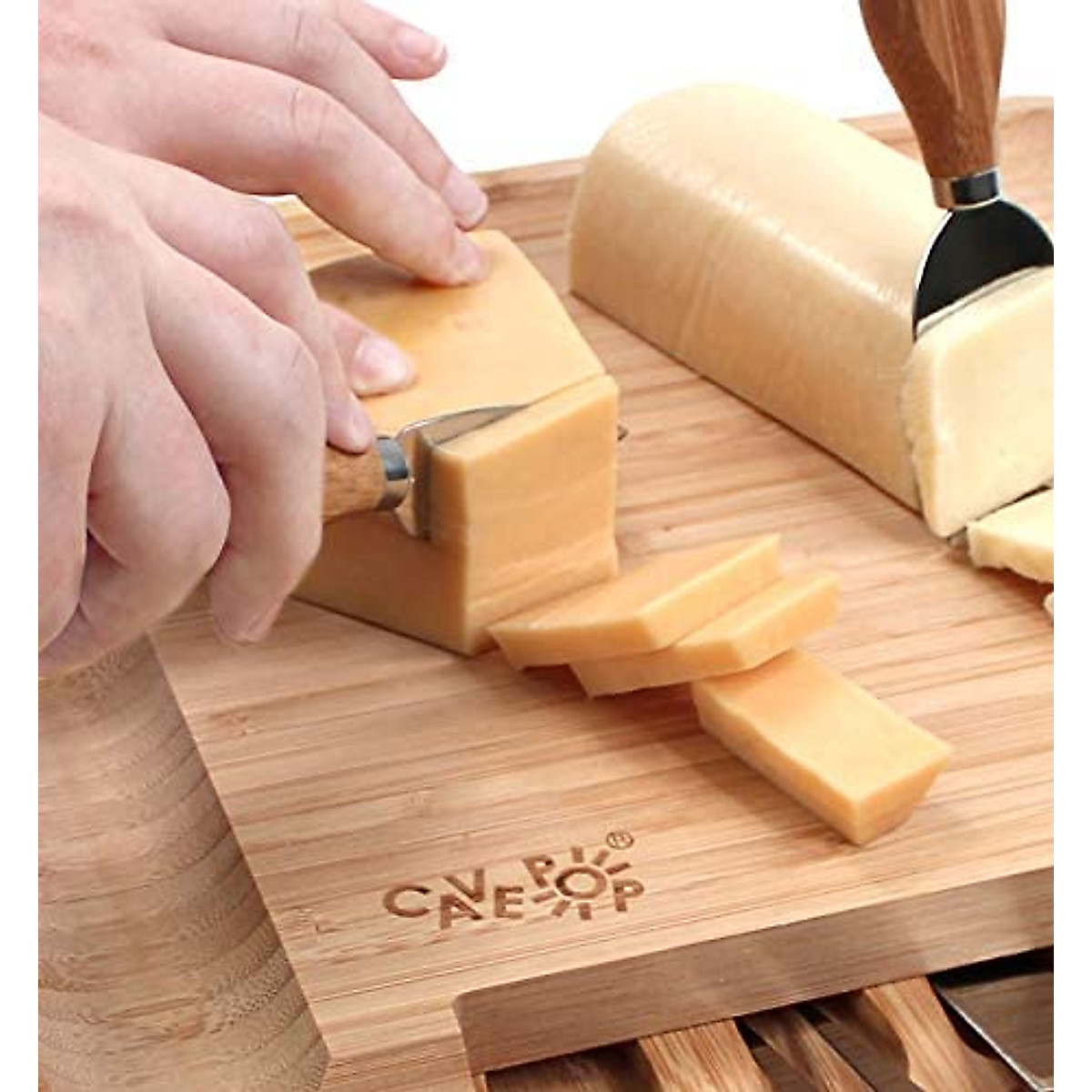 Bamboo Charcuterie Cheese Board and Knife Set, Serving Platter Tray with Cutlery Set, Housewarming Gifts, Entertaining Serving Dishes, Cheese Serving Plate, Large Cheese Charcuterie Board