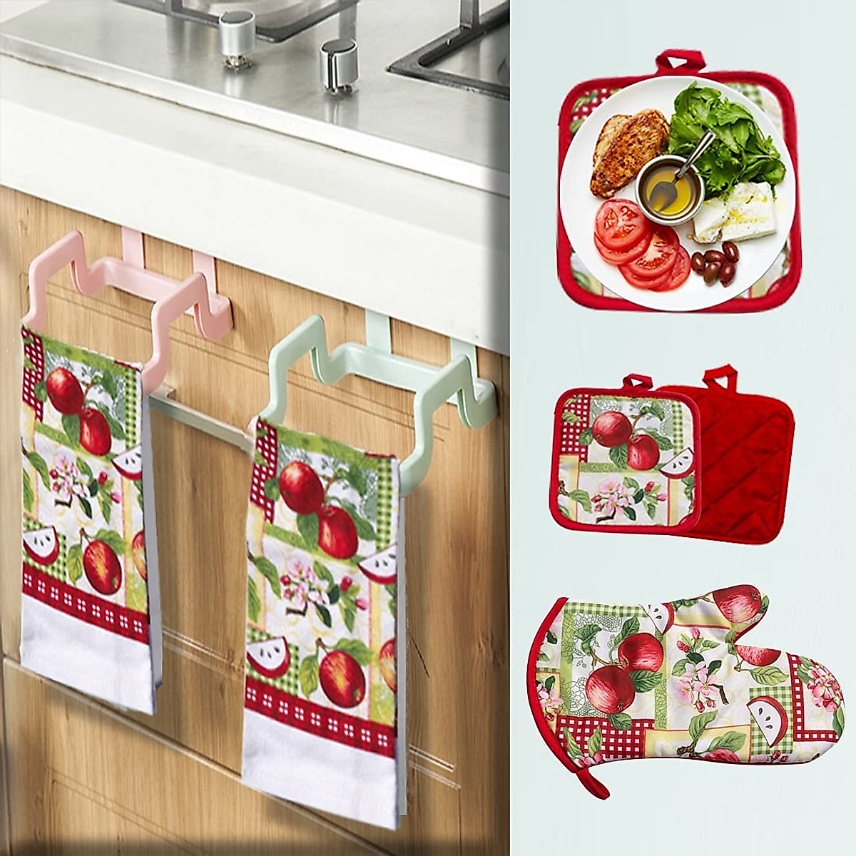 Lobyn Value Packs - 5 Piece Country Kitchen Towel Set: Features Red Apples on a Patchwork Quilt, 2 Decorative Dish Towels, 1 Oven Mitt, and 2 Quilted Potholders