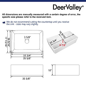 DeerValley Farmhouse Sink, DV-1K505 Grove 36"L x 18"W Fireclay Farmhouse Sink White Apron Front Deep Single Bowl Kitchen Sink with Sink Grid and Basket Strainer