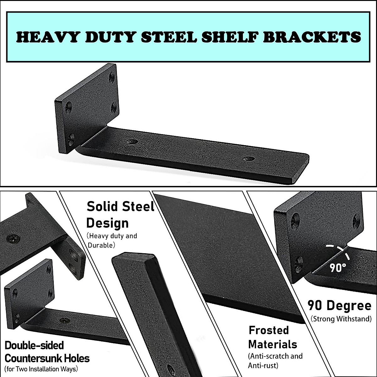 Heavy Duty Floating Shelf Brackets - 1/5 Inch Thick Industrial Black Metal L Brackets, Premium Solid Steel Shelf Supports for Shelves - 5 Inch Heavy Floating Shelves Hardware (6Pcs)