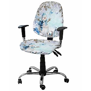 Christmas Snowman Office Chair Cover Stretchable Computer Chair Seat Cover Backrest Slipcovers, Stretchable Rotating Desk Chair Seat Cushion Split Protectors Silver Xmas Ball Pine Tree Leaves