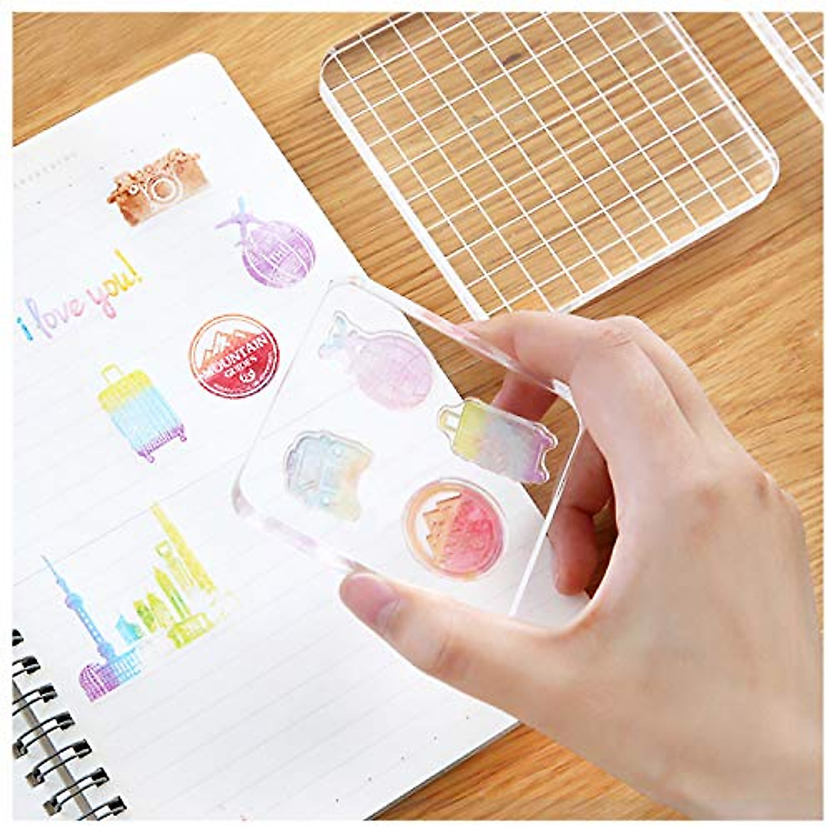 WeiMeet 6 Pieces Stamp Blocks Acrylic Clear Stamping Blocks Tools with Grid Lines for Scrapbooking Crafts Making