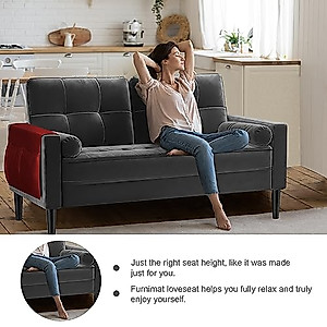FURNIMAT 58 Inch Loveseat Sofa, 2 Seater Sofa for Small Space, Button Tufted Velvet Grey Couch with 2 Pillows, Mid Century Modern Couch, Small Couches for Living Room, Bedroom, Apartment